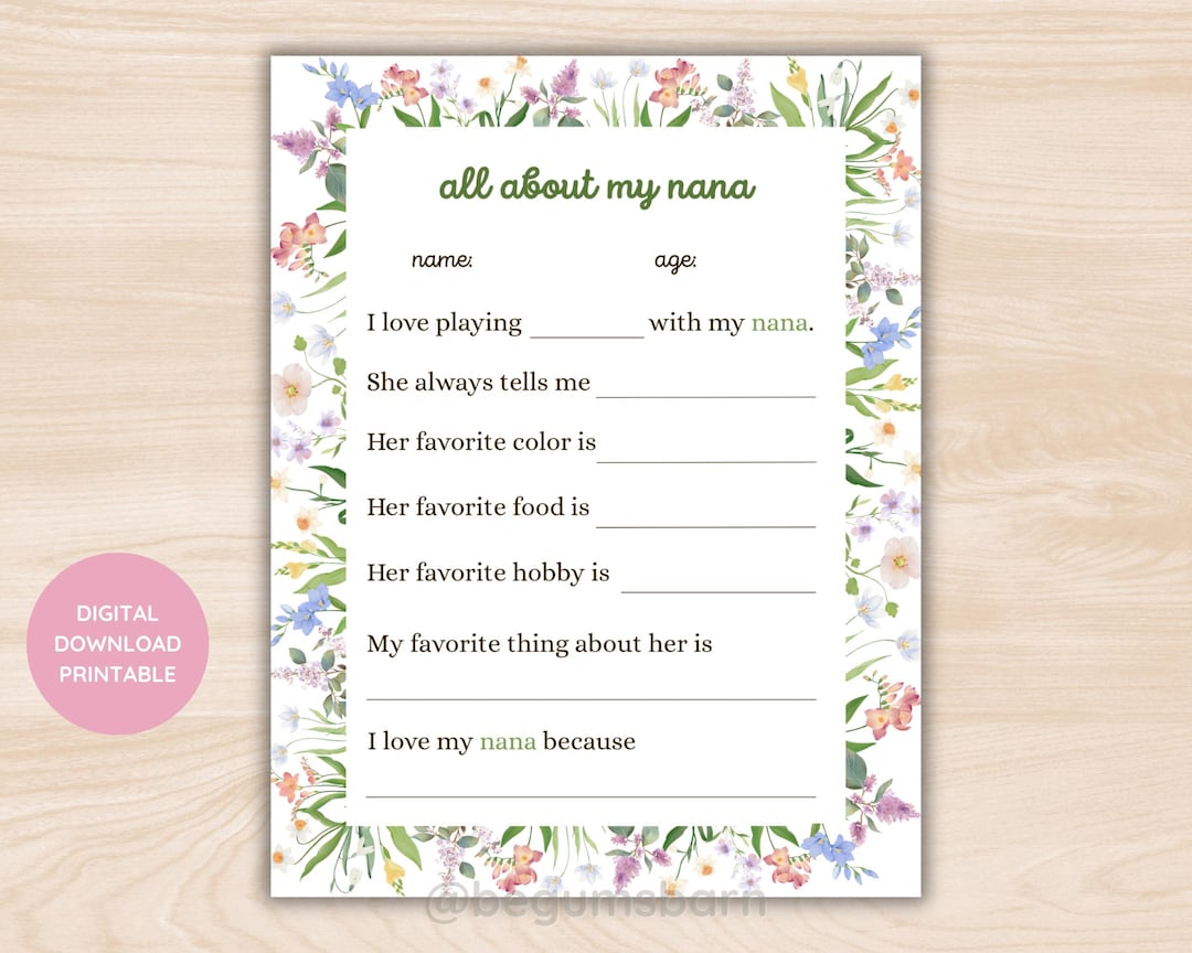 All About Nana Printable: Mother's Day Fill-in-blank Activity (PDF) - Etsy