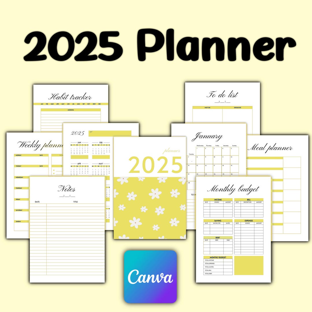 2025 Floral Yellow Planner - Printable Digital Download Customizable ...