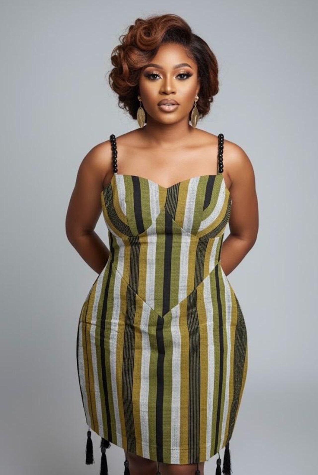 Agbeke Aso Oke Corset Dress With Beaded Sleeves, Basque Waist and ...