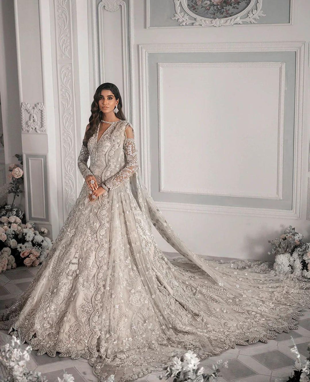Ash White Formal Pakistani Indian Wedding Dresses Bridal Gown Dress ...
