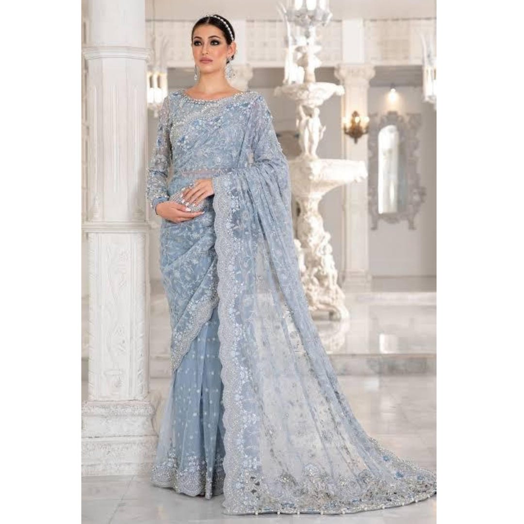 Ice Blue Hand-embroidered Net Saree | Pakistani Indian Bridal Saree ...