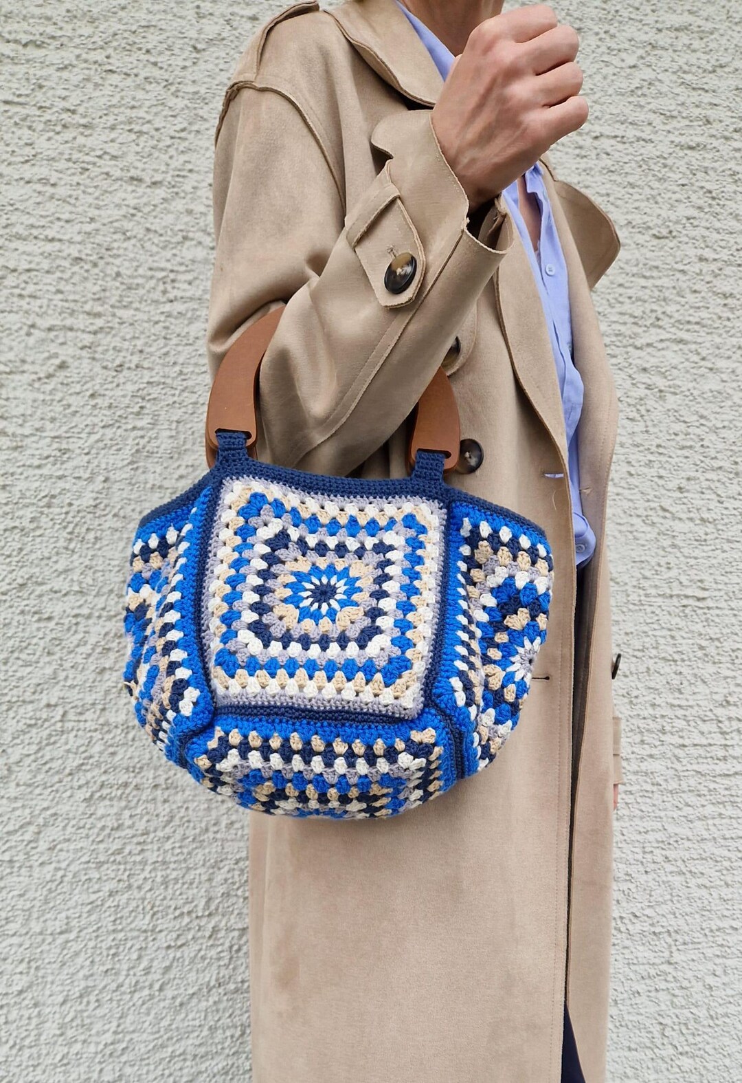 Marine Toned Granny Square Shoulder Bag, 100 % Handmade Boho Bags ...