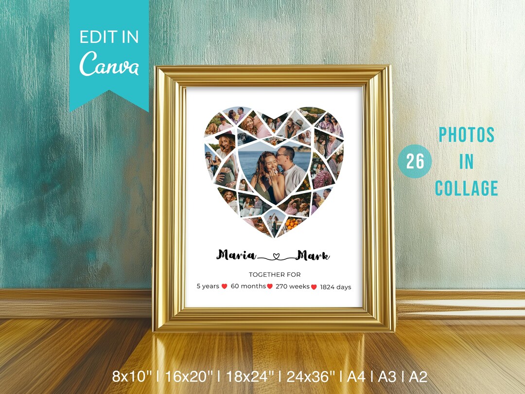 Heart Photo Collage Template | Anniversary Gift for Him | Personalized ...