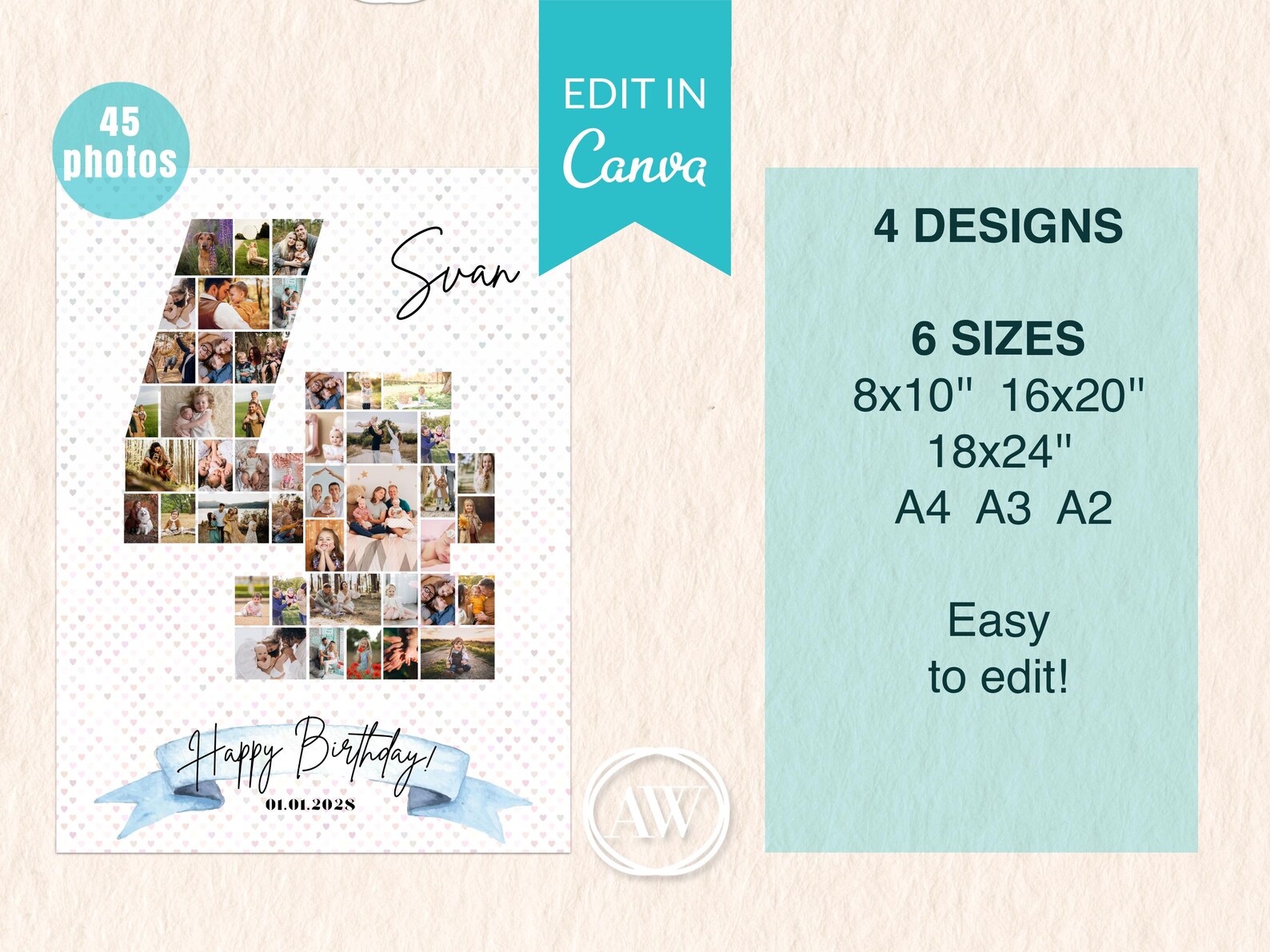 Boys 4th Birthday Photo Collage: Custom Number Four Keepsake (CANVA) - Etsy