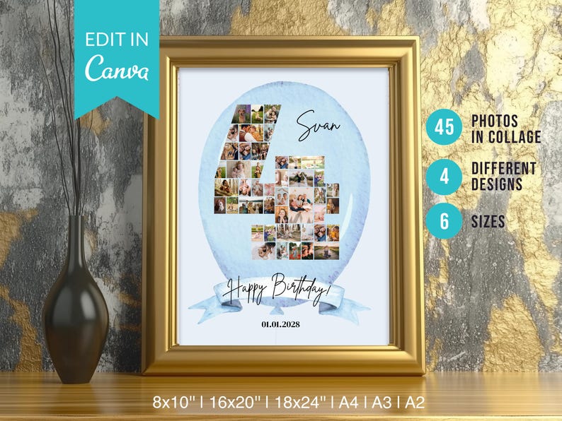 Boys 4th Birthday Photo Collage: Custom Number Four Keepsake (CANVA) - Etsy