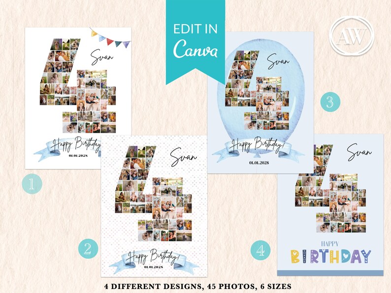 Boys 4th Birthday Photo Collage: Custom Number Four Keepsake (CANVA) - Etsy