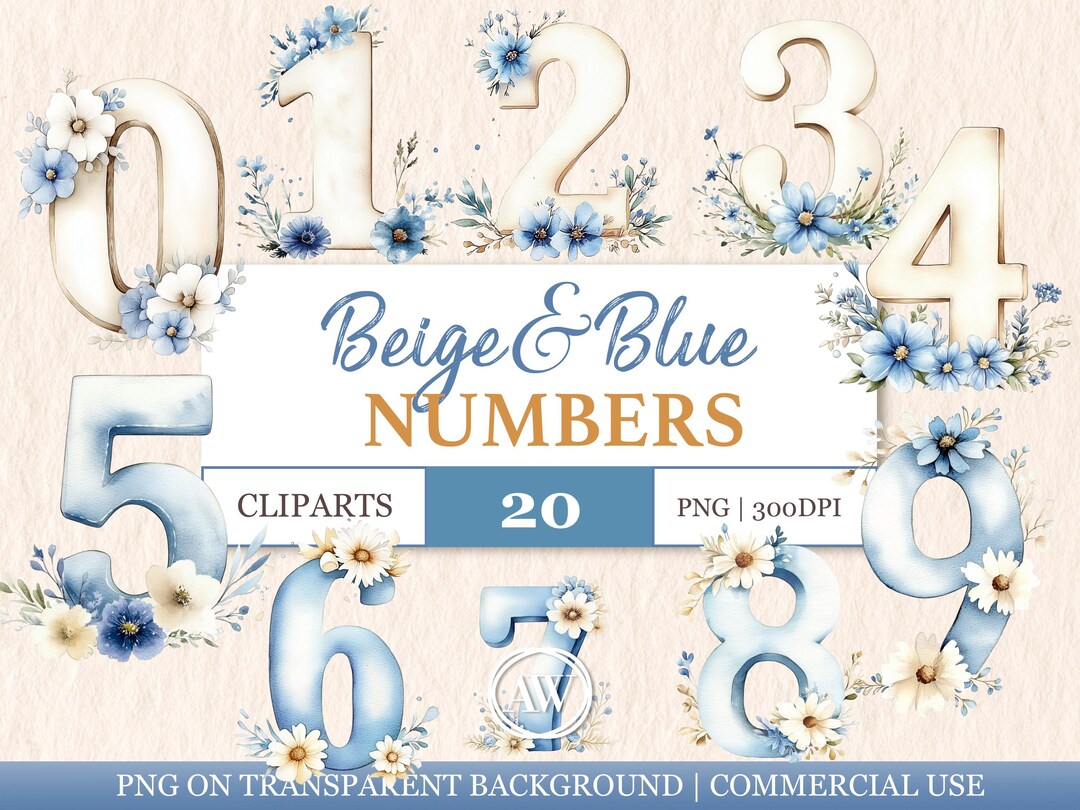 Floral Watercolor Numbers Clipart: Elegant Beige & Blue (PNG Digital ...