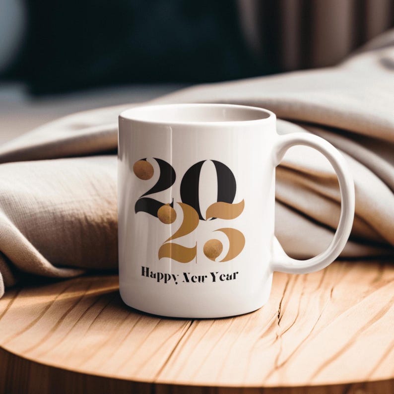 Happy New Year 2025 Mug, 11oz Handmade Ceramic Mug, Aesthetic White ...