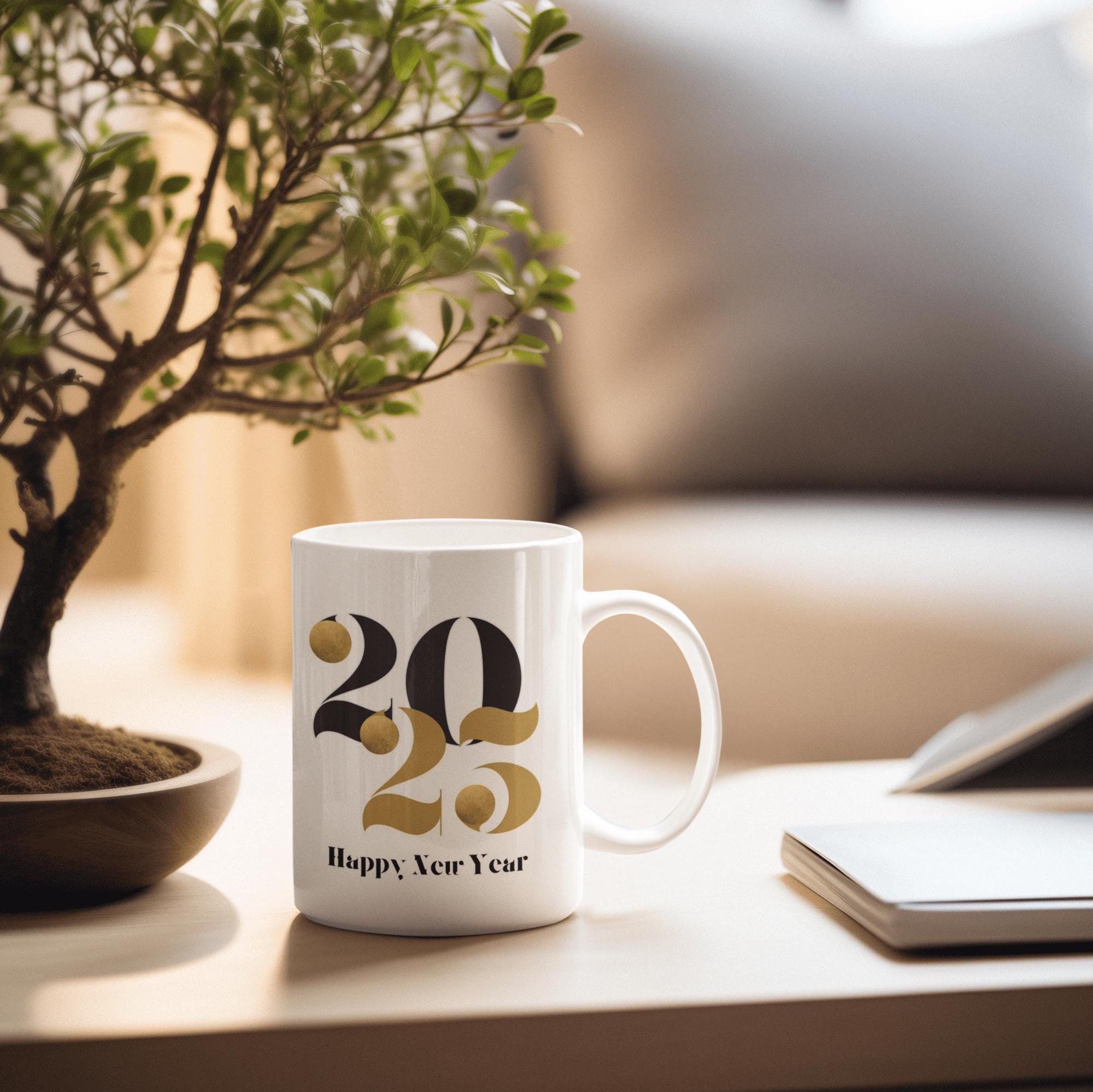 Happy New Year 2025 Mug, 11oz Handmade Ceramic Mug, Aesthetic White ...