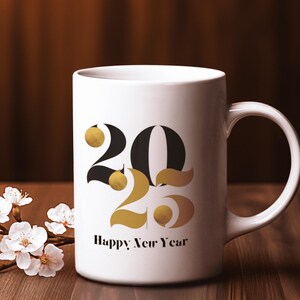 Happy New Year 2025 Mug, 11oz Handmade Ceramic Mug, Aesthetic White ...