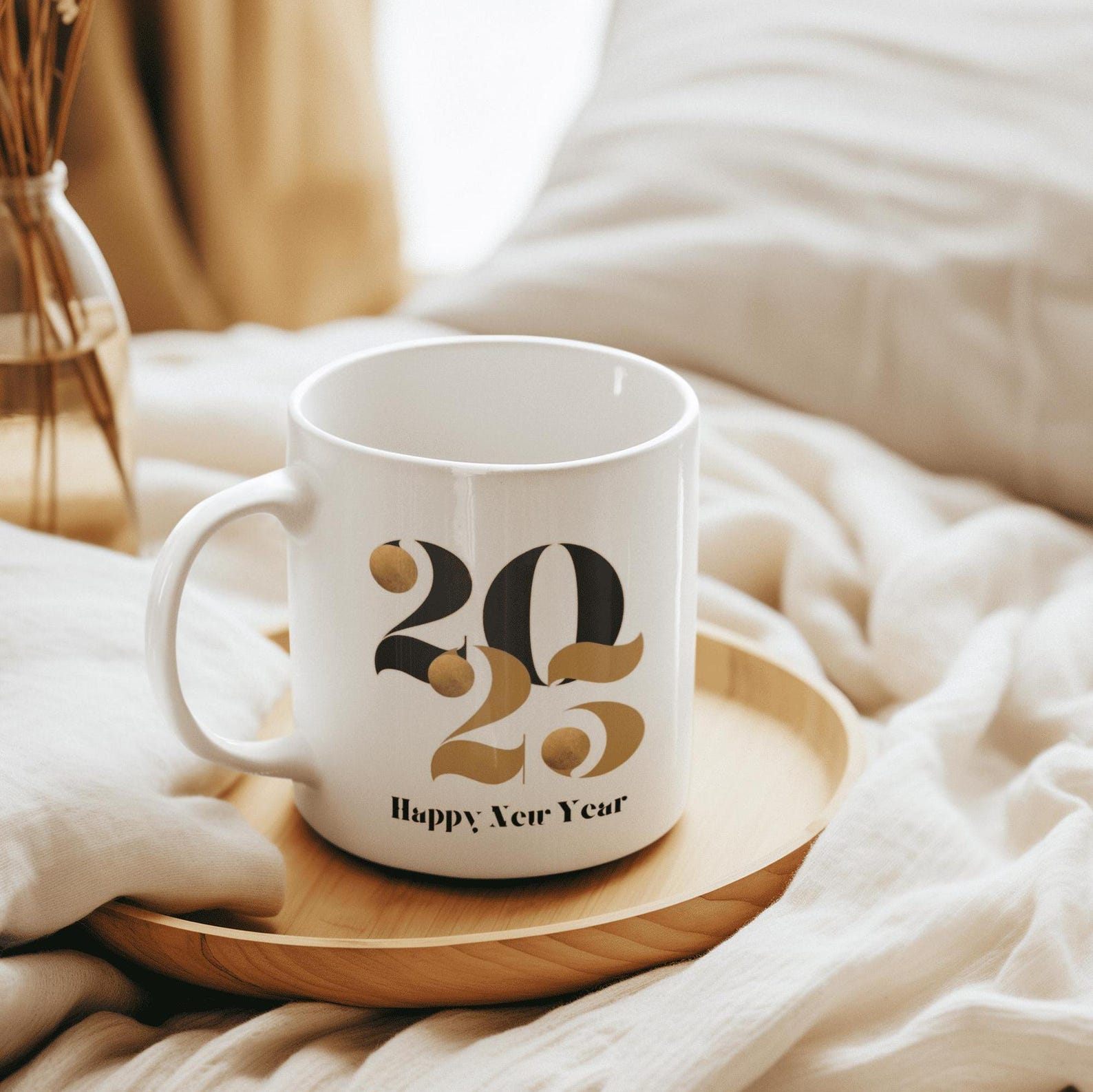 Happy New Year 2025 Mug, 11oz Handmade Ceramic Mug, Aesthetic White ...