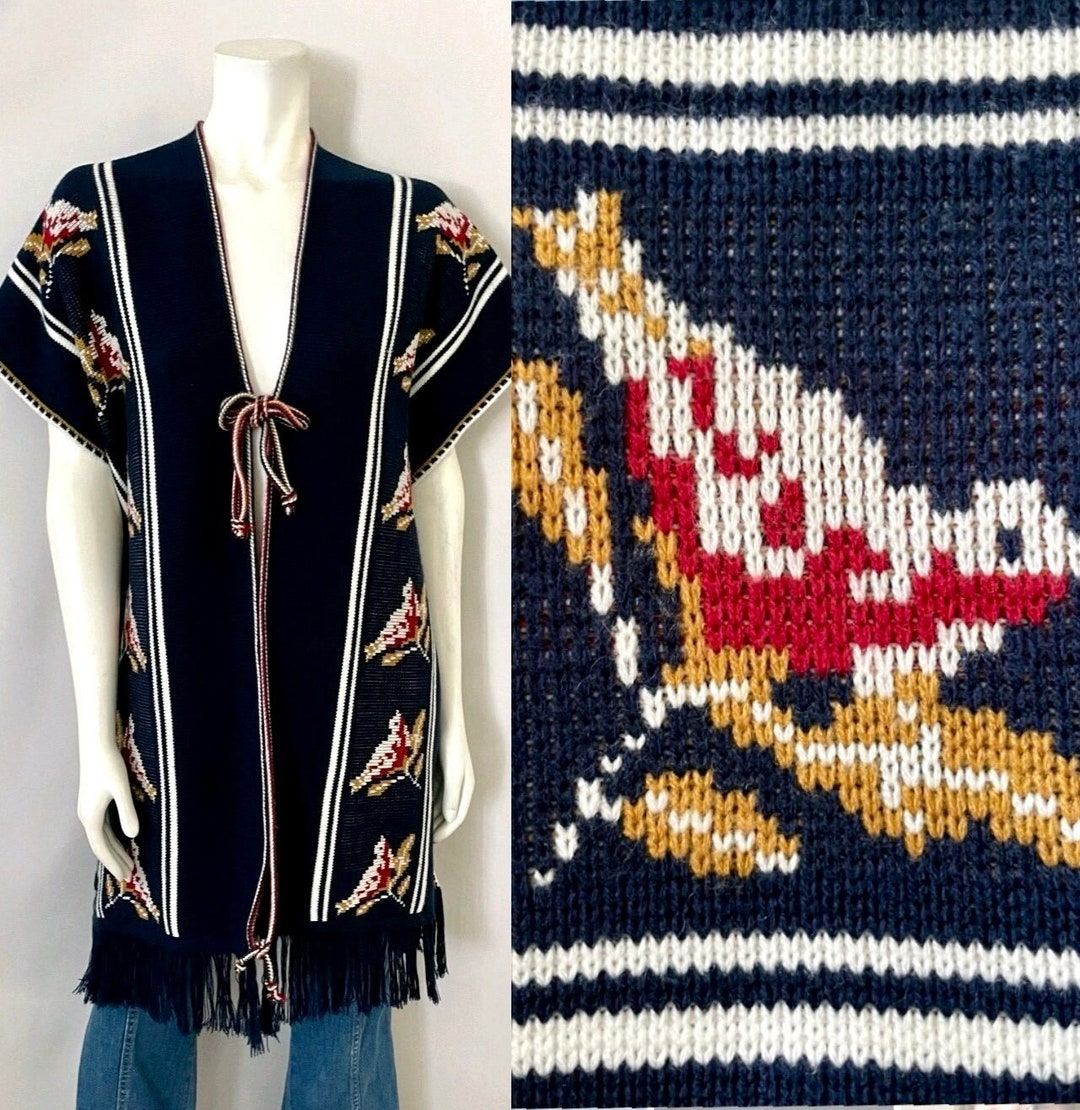Vintage 70's Navy Blue, Cardinal Bird, Poncho L - Etsy