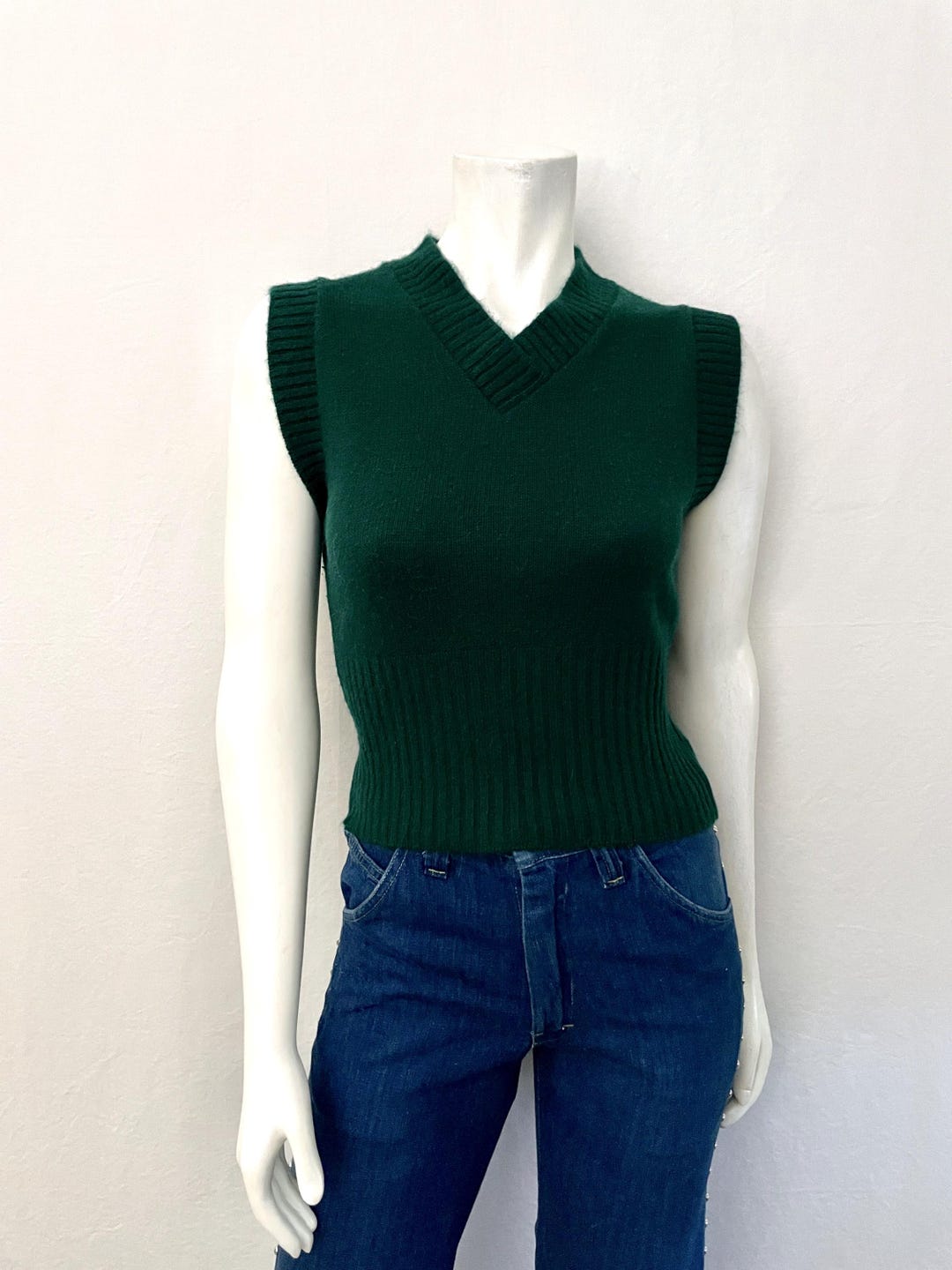 Vintage 70's Sears Jr Bazaar, Dark Green, Sleeveless, Sweater Vest (S ...