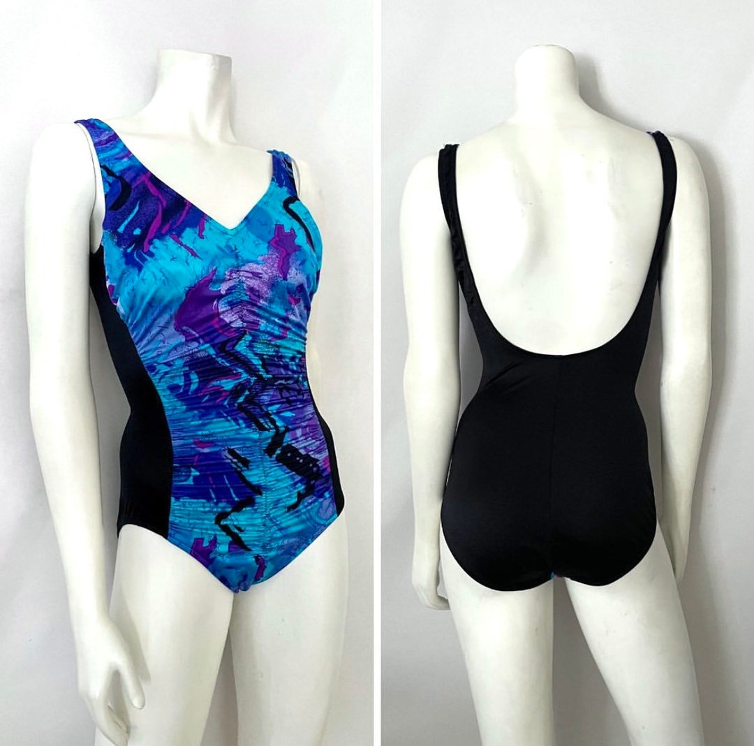 Vintage 80er Jahre Schwarz, Blau, Lila, One Piece, Badeanzug von Maxine ...