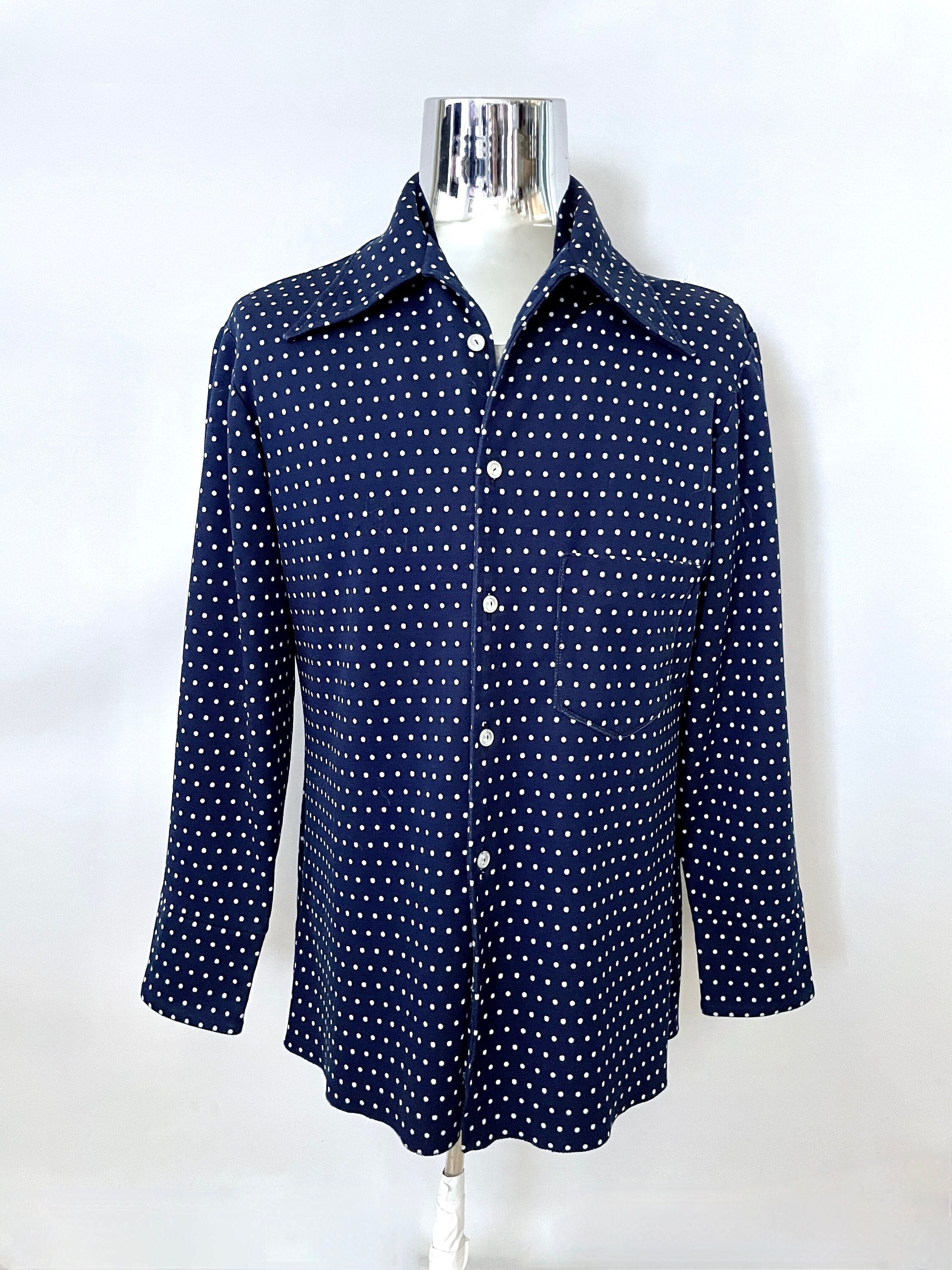 70's Navy Blue, Polka Dot, Disco Shirt (M) - Etsy