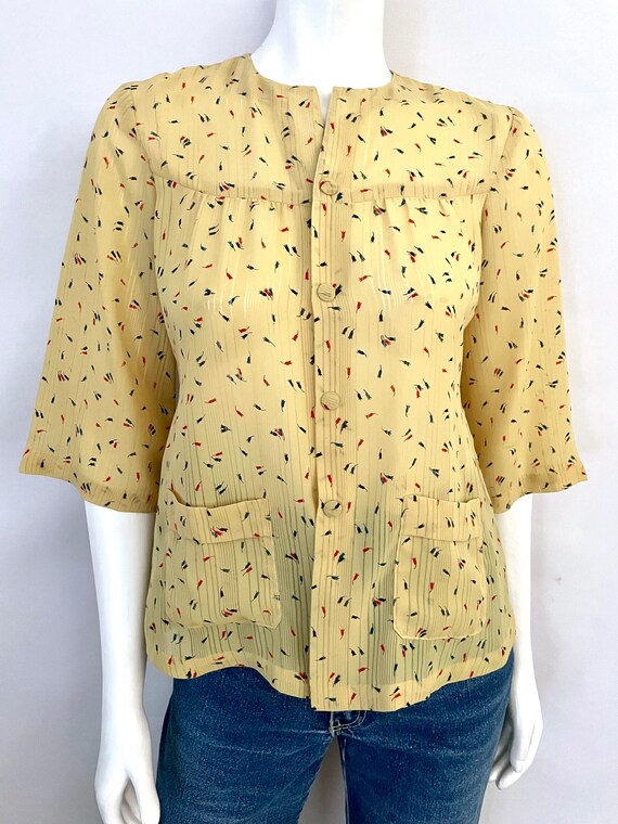 Vintage 70's Yellow, Floral, Half Sleeve, Top (XS) - Gem