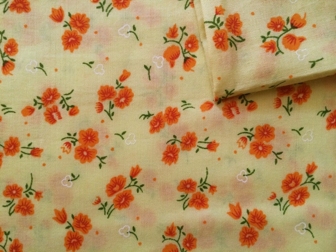 Vintage Stoff 80er Jahre gelb, orange, Floral, Baumwolle, Material ...