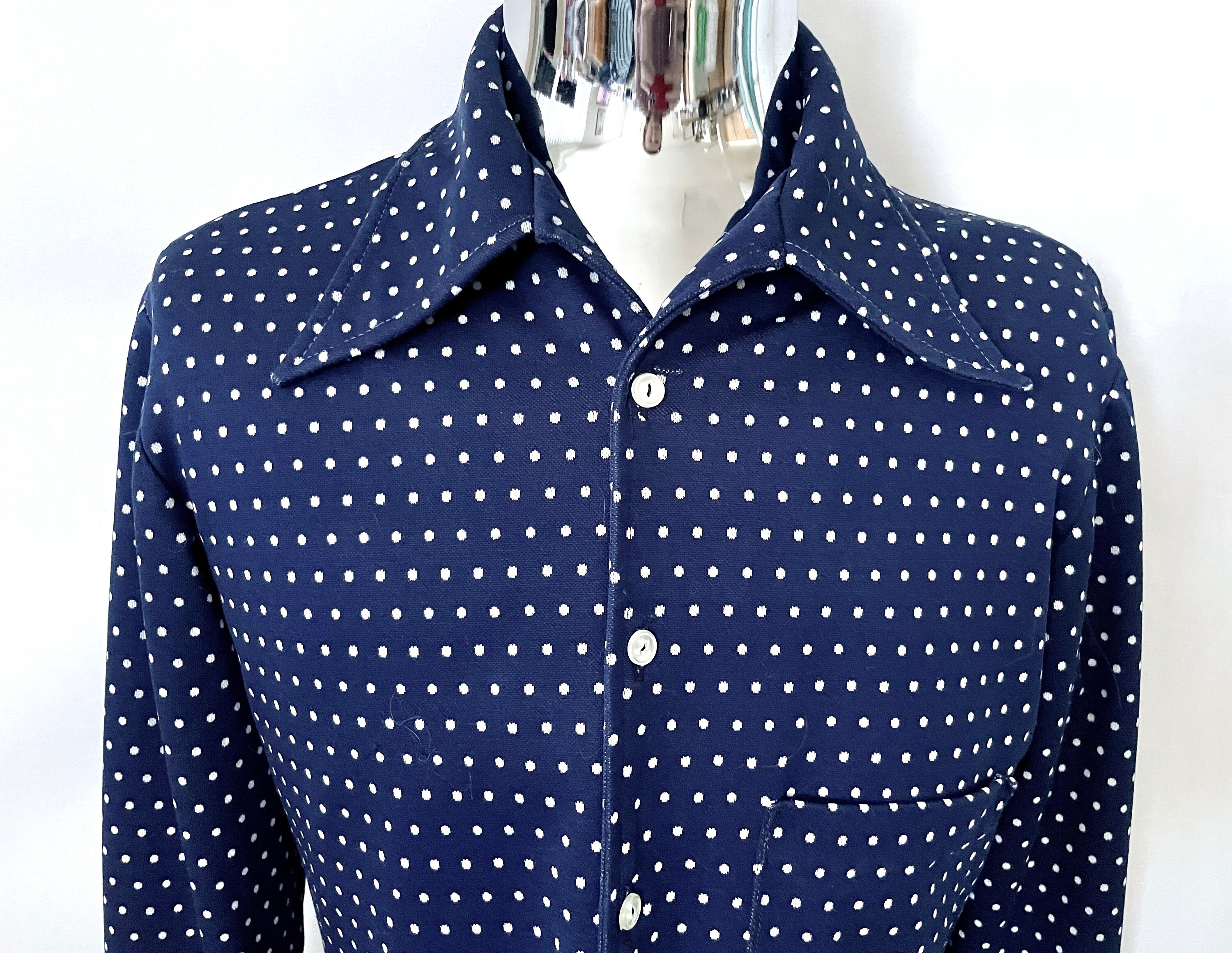70's Navy Blue, Polka Dot, Disco Shirt (M) - Etsy