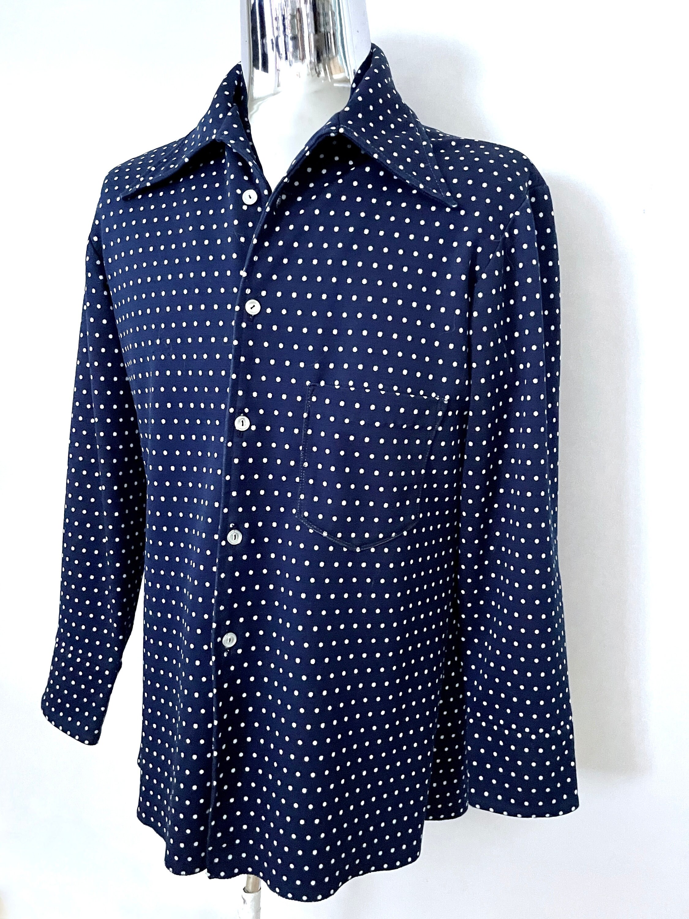 70's Navy Blue, Polka Dot, Disco Shirt (M) - Etsy