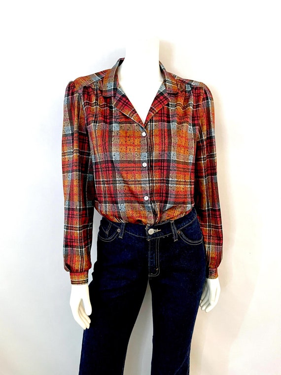 Vintage 70's Plaid, Polyester, Long Sleeve, Blouse (L) - Gem