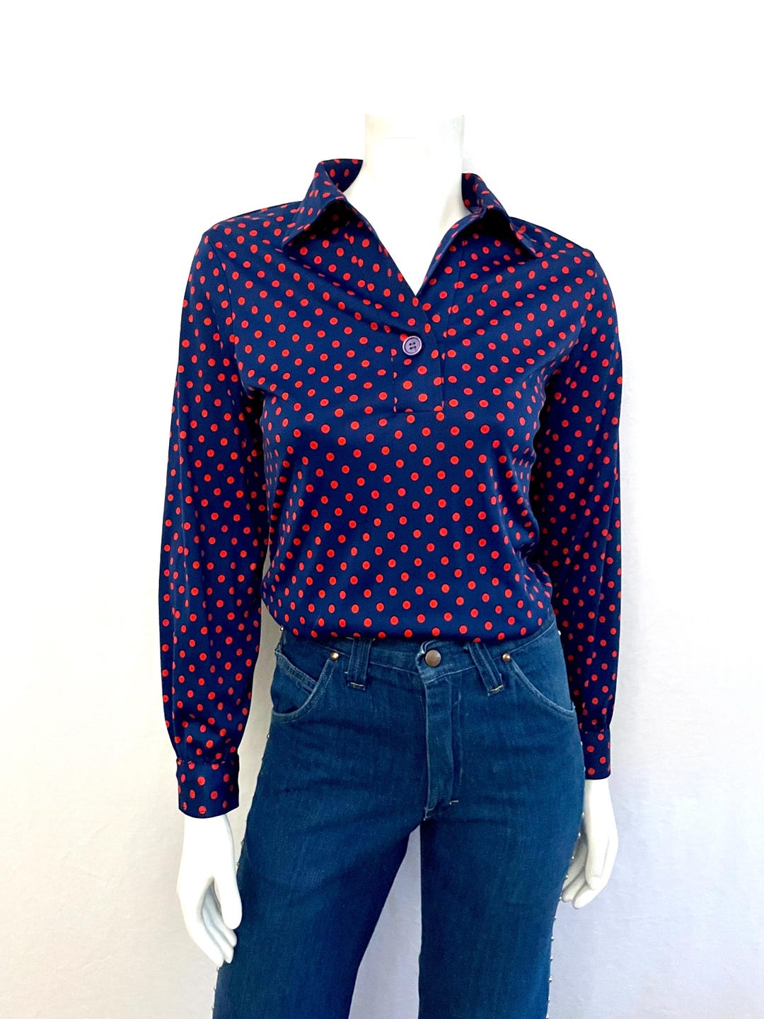 70's Disco, Navy Blue, Polka Dot, Blouse, Long Sleeve (size 4/6) - Etsy