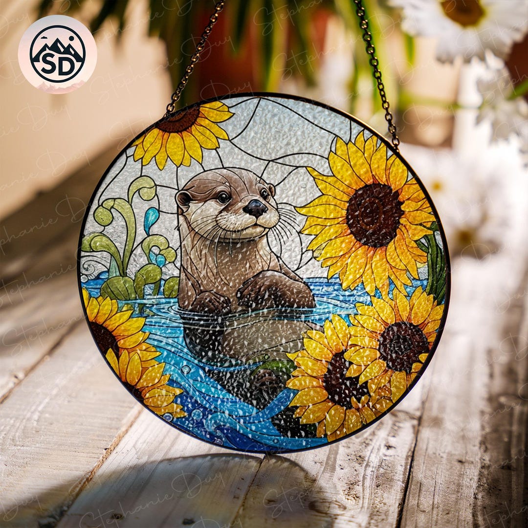 Otter With Sunflower GLASS Suncatcher, Otter Lover Decor, Sunflower and ...