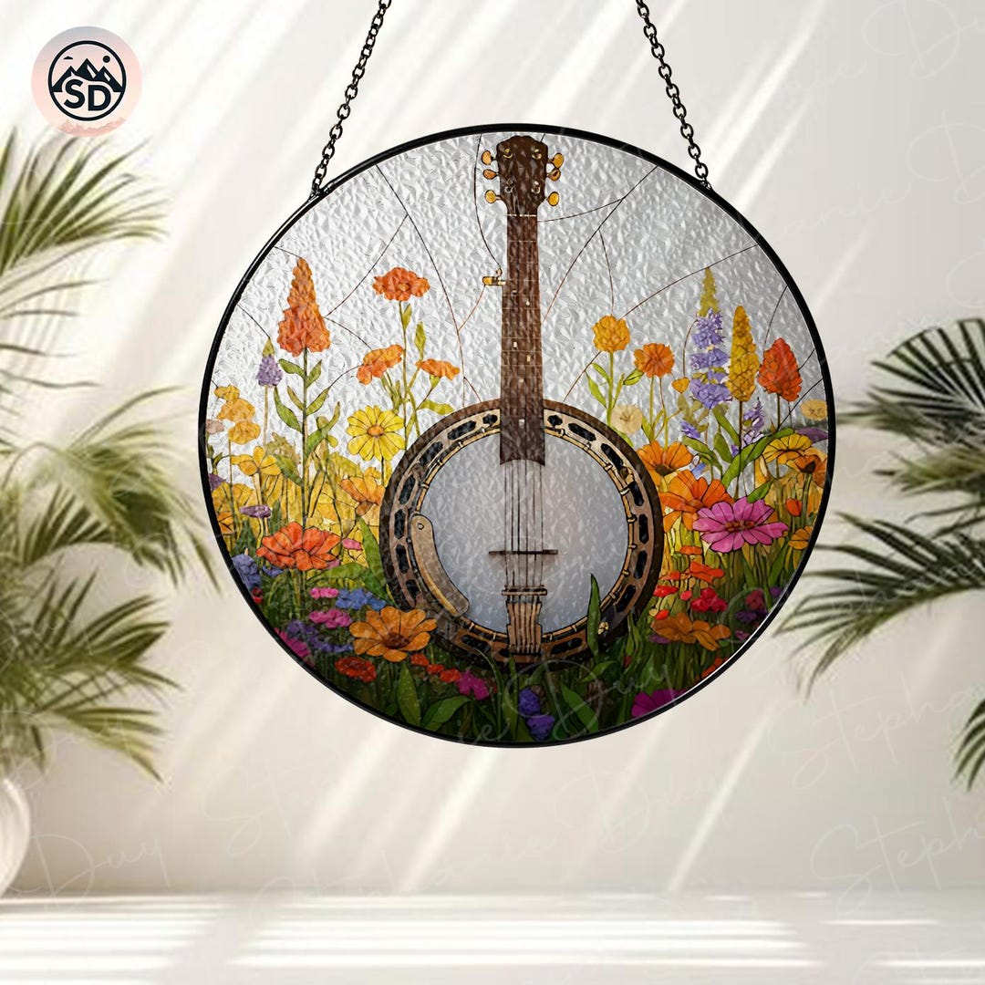 Banjo Among Wildflower GLASS Suncatcher, Banjo Lover Decor, Musician ...