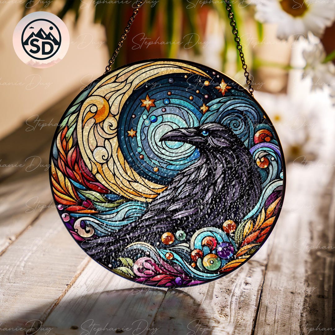 Raven and Crescent Moon GLASS Suncatcher, Housewarming Gift, Gothic ...