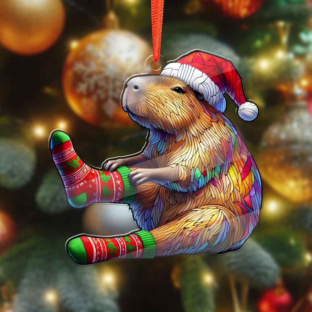 Funny Festive Capybara Putting on Stocking Christmas Ornament, Capybara ...