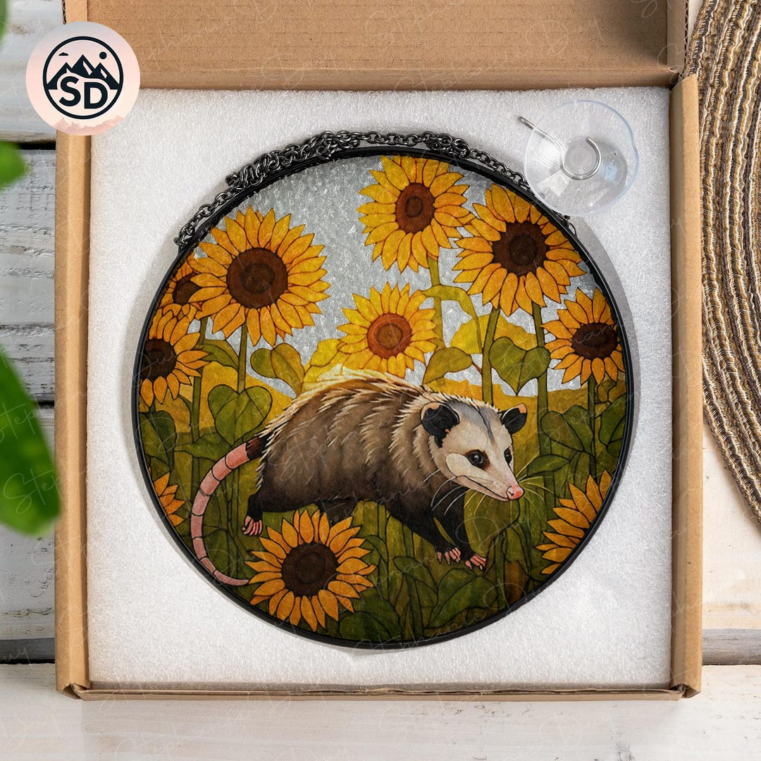 Opossum Among Sunflower GLASS Suncatcher, Opossum and Sunflower, Possum ...