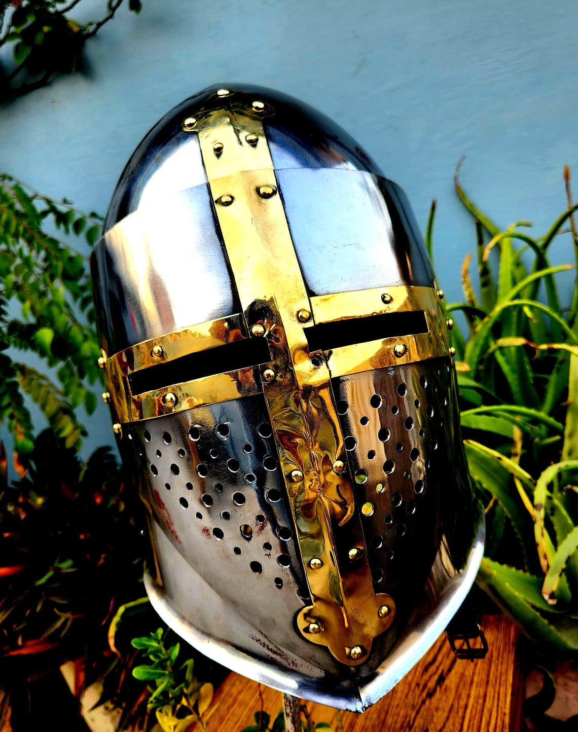Medieval Bascinet Crusader-style Knight Helmet - Brass Cross Singh ...
