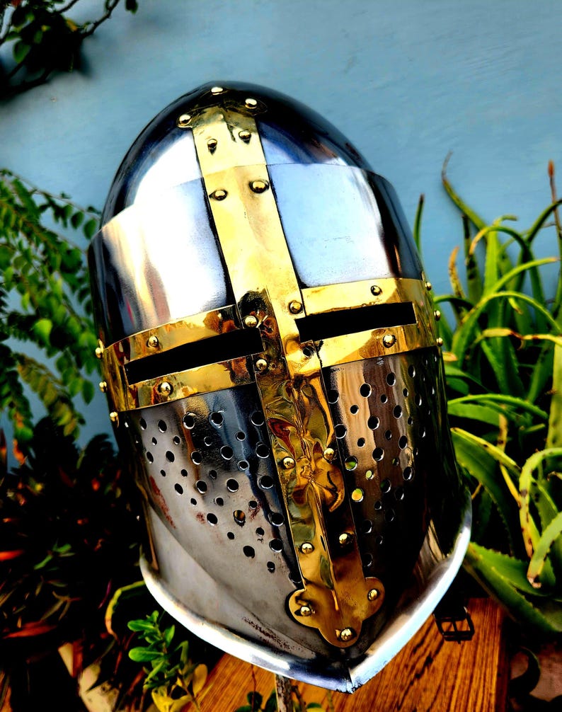 Medieval Bascinet Crusader-style Knight Helmet - Brass Cross Singh ...
