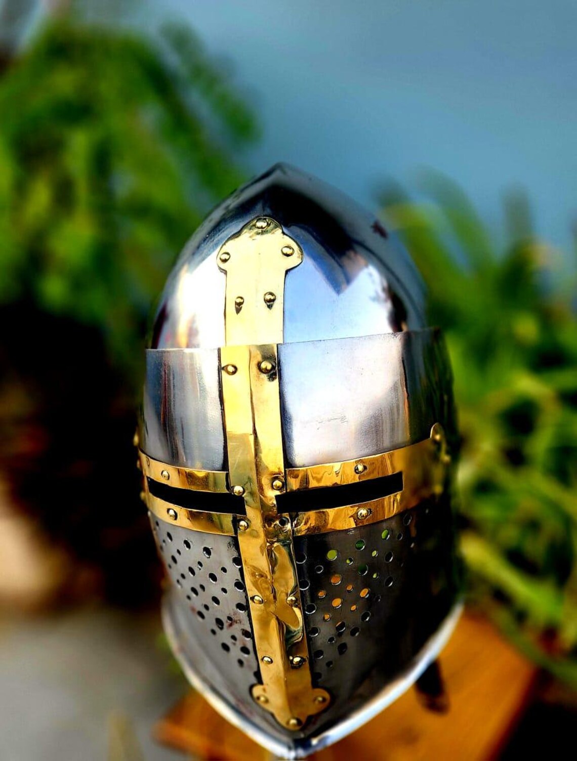 Medieval Bascinet Crusader-style Knight Helmet - Brass Cross Singh ...