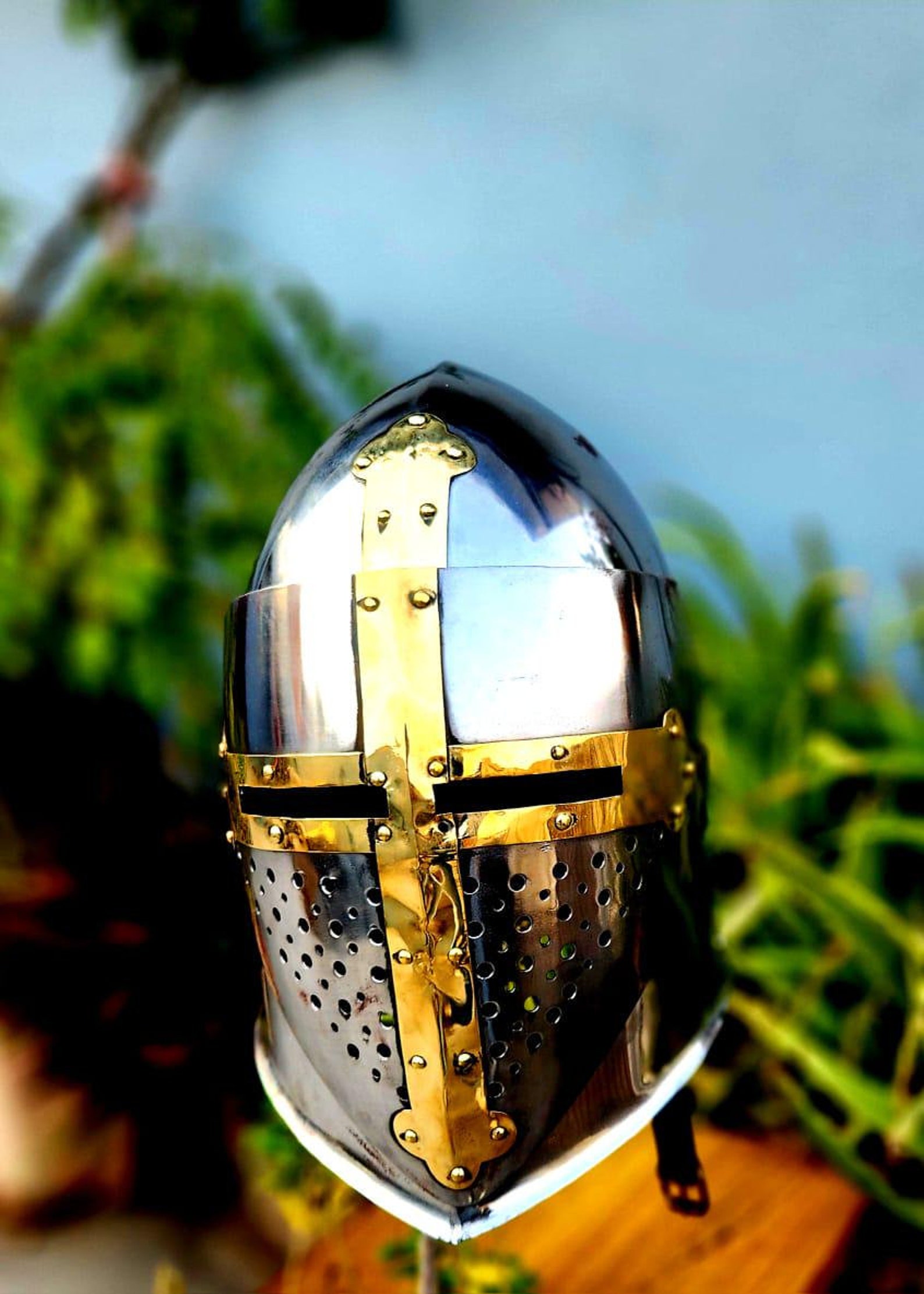 Medieval Bascinet Crusader-style Knight Helmet - Brass Cross Singh ...
