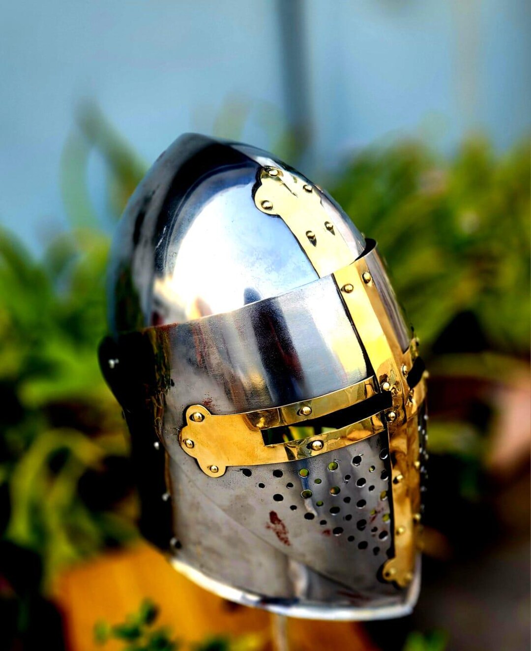 Medieval Bascinet Crusader-style Knight Helmet - Brass Cross Singh ...