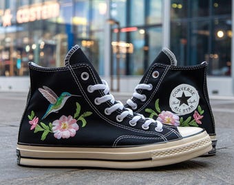 Embroidered Floral Converse Handmade Elegance With Sleeping Cat and ...