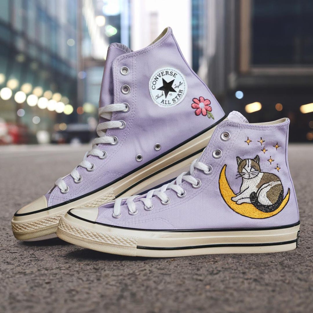 Embroidered Floral Converse Handmade Elegance With Sleeping Cat and ...