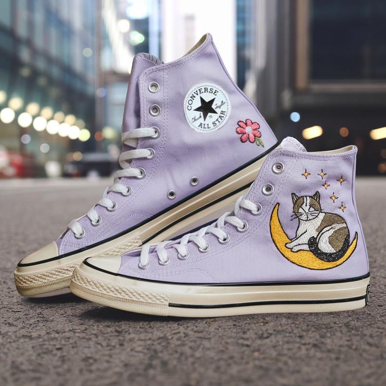 Embroidered Floral Converse Handmade Elegance With Sleeping Cat and ...
