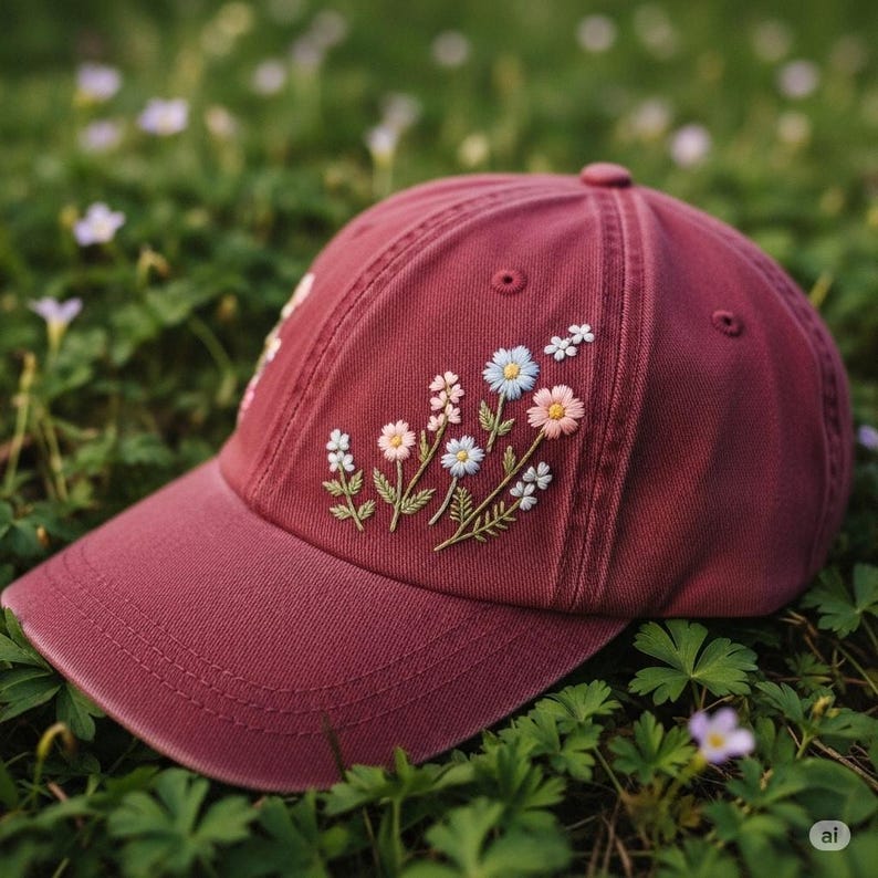 Cream Floral Baseball Cap – Hand Embroidered Cosmos Flower Hat ...