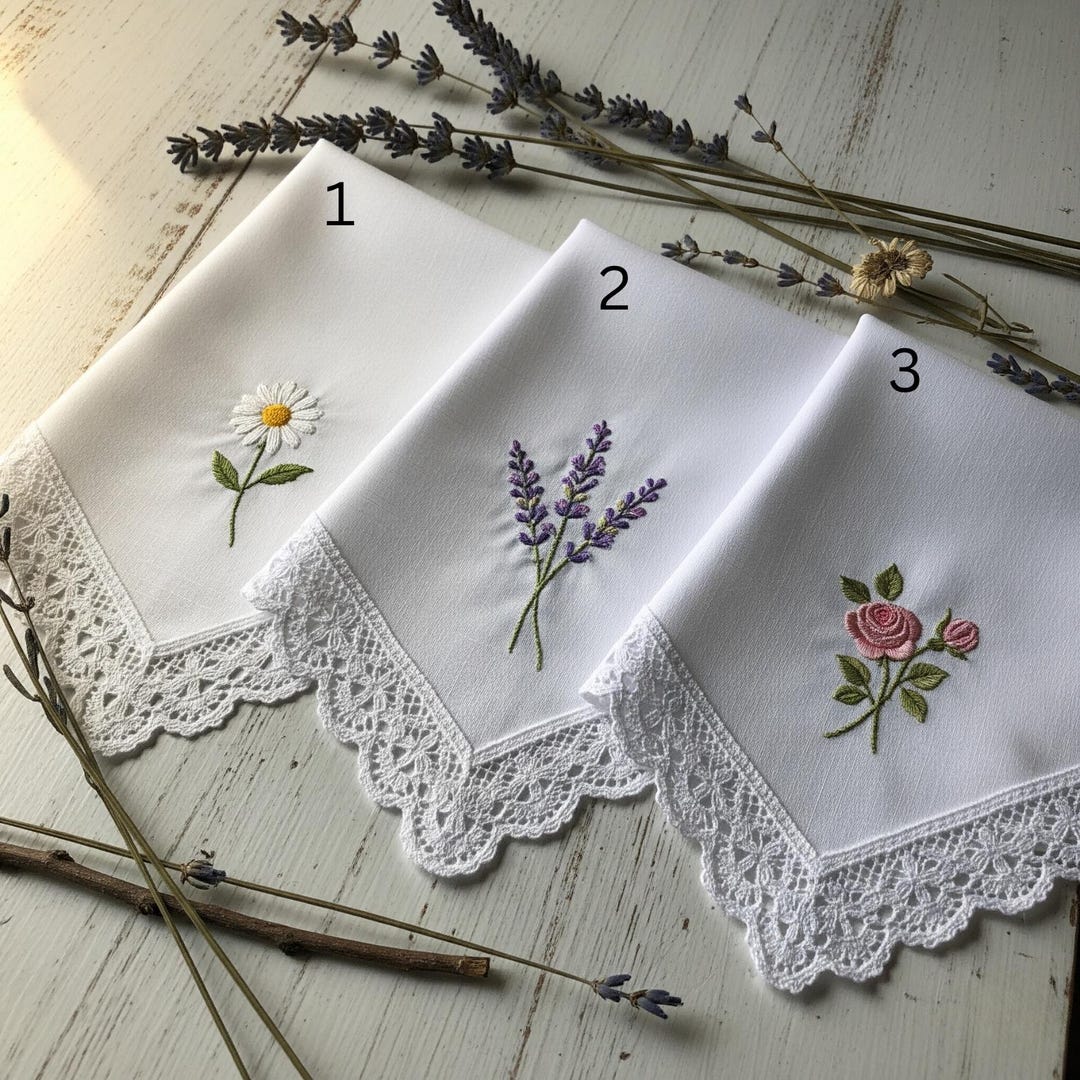 White Linen Handkerchief With Delicate Thin Lace Trim and Embroidered ...