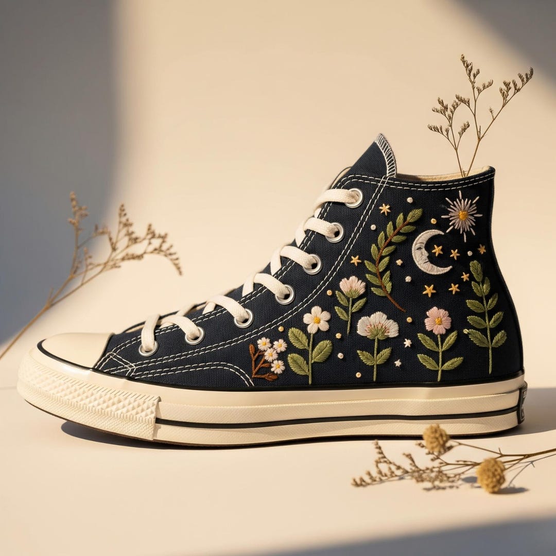Embroidered Converse 1970s High Tops – Moon Star Floral Design on Navy ...