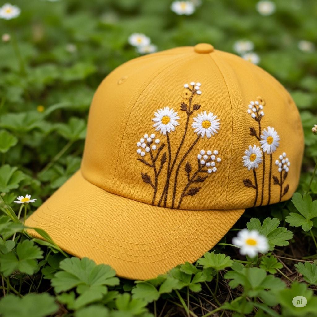 Cream Floral Baseball Cap – Hand Embroidered Cosmos Flower Hat ...