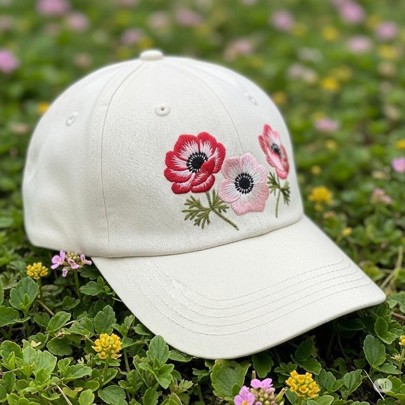 Cream Floral Baseball Cap – Hand Embroidered Cosmos Flower Hat ...