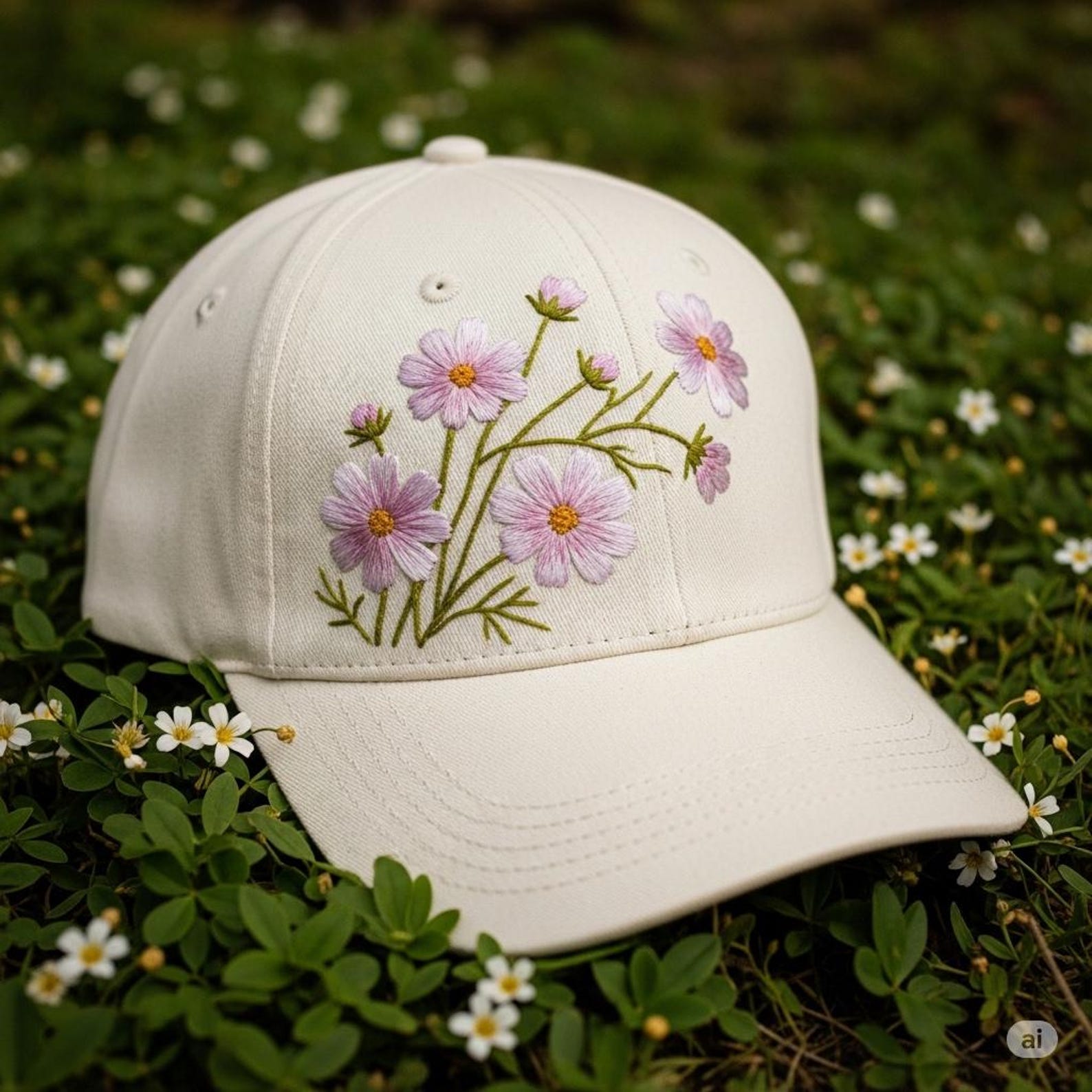 Cream Floral Baseball Cap – Hand Embroidered Cosmos Flower Hat ...