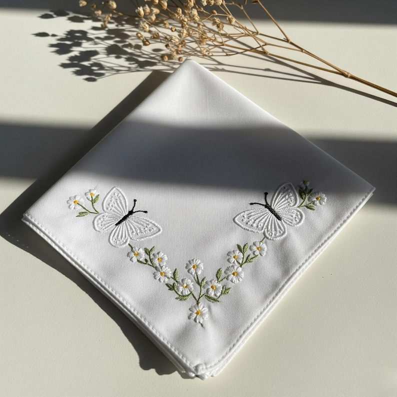 Hand Embroidered Handkerchief – Linen Floral Hanky With Blue Butterfly ...