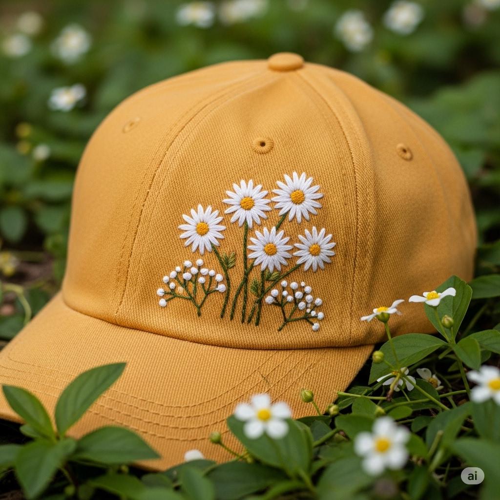 Cream Floral Baseball Cap – Hand Embroidered Cosmos Flower Hat ...