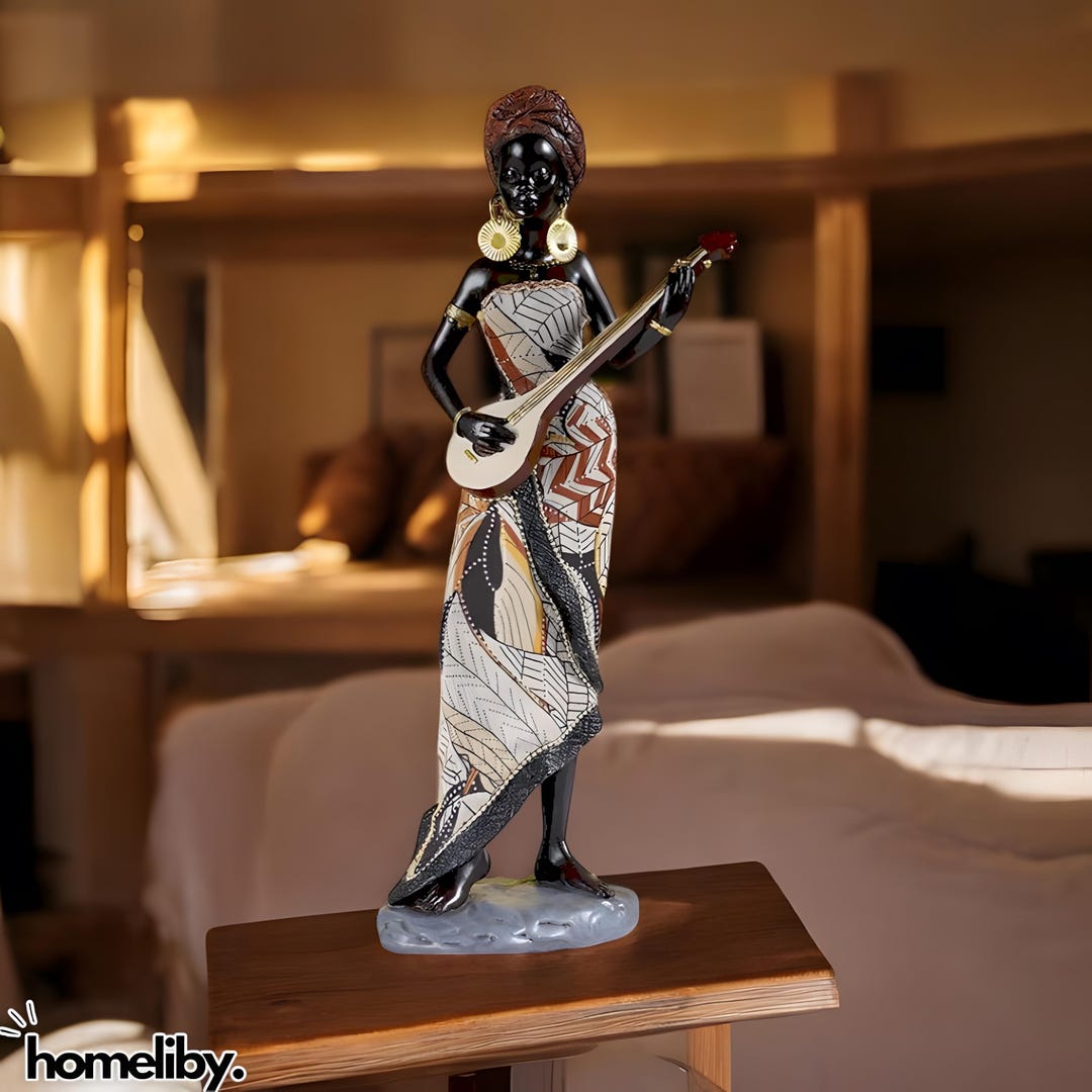 African Lady Playing Instrument Statue, African Band Figurines, African ...