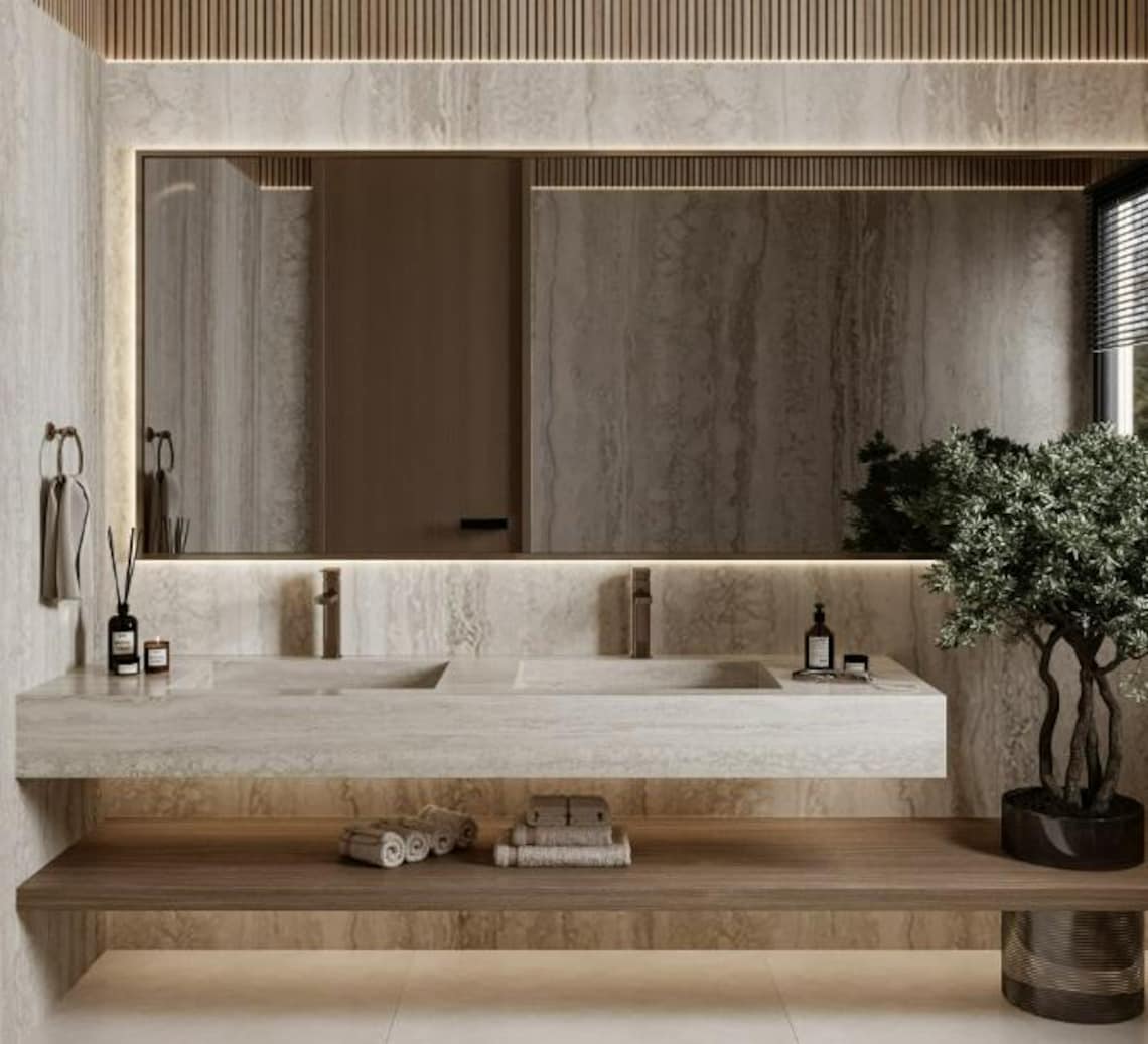 Travertine Double Sink With Concealed Drain, Natural Stone Stylish ...