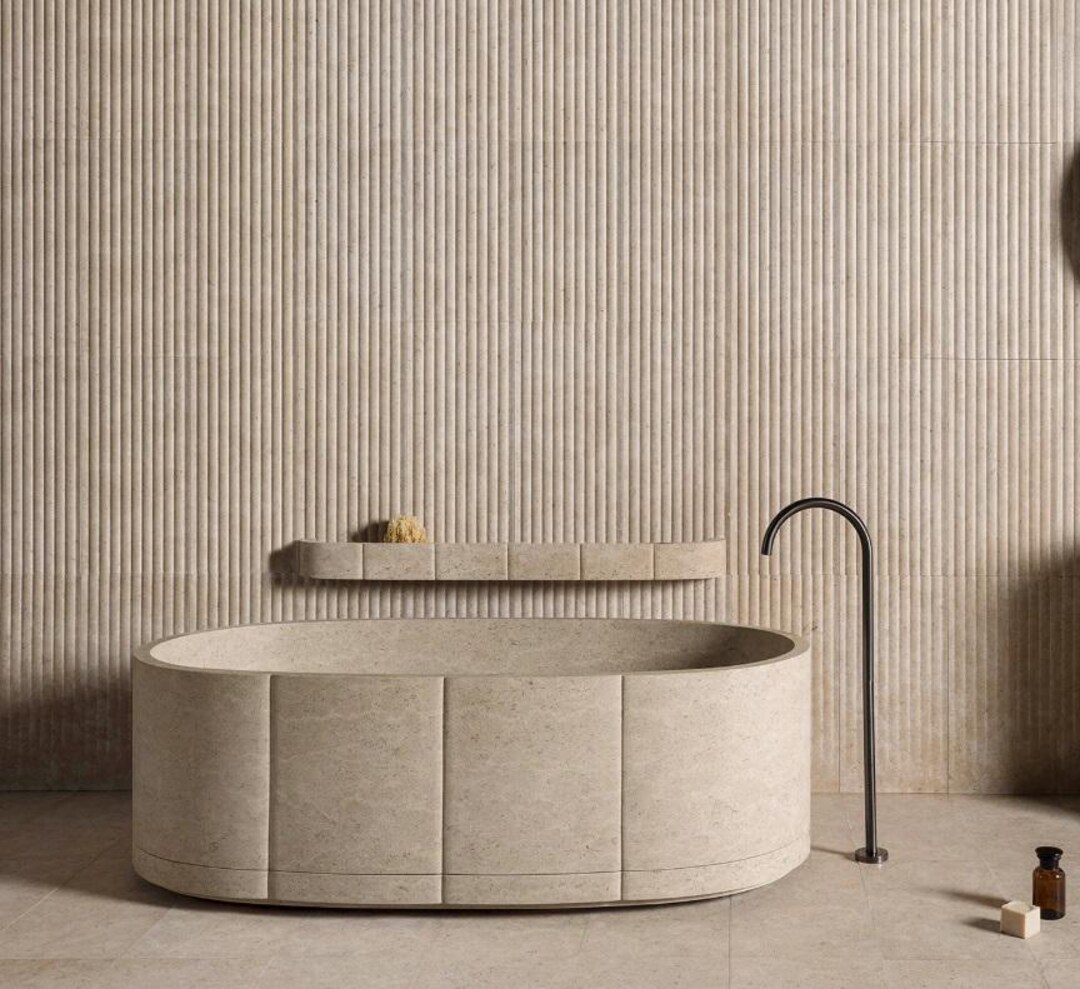 Travertine Bathtub, Hand Carved Special Design Grooved Natural Stone ...