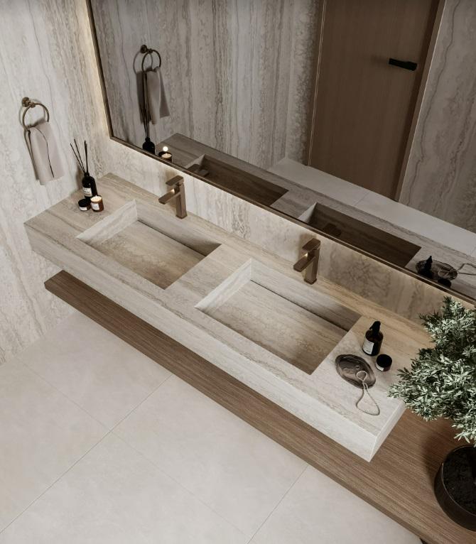 Travertine Double Sink With Concealed Drain, Natural Stone Stylish ...